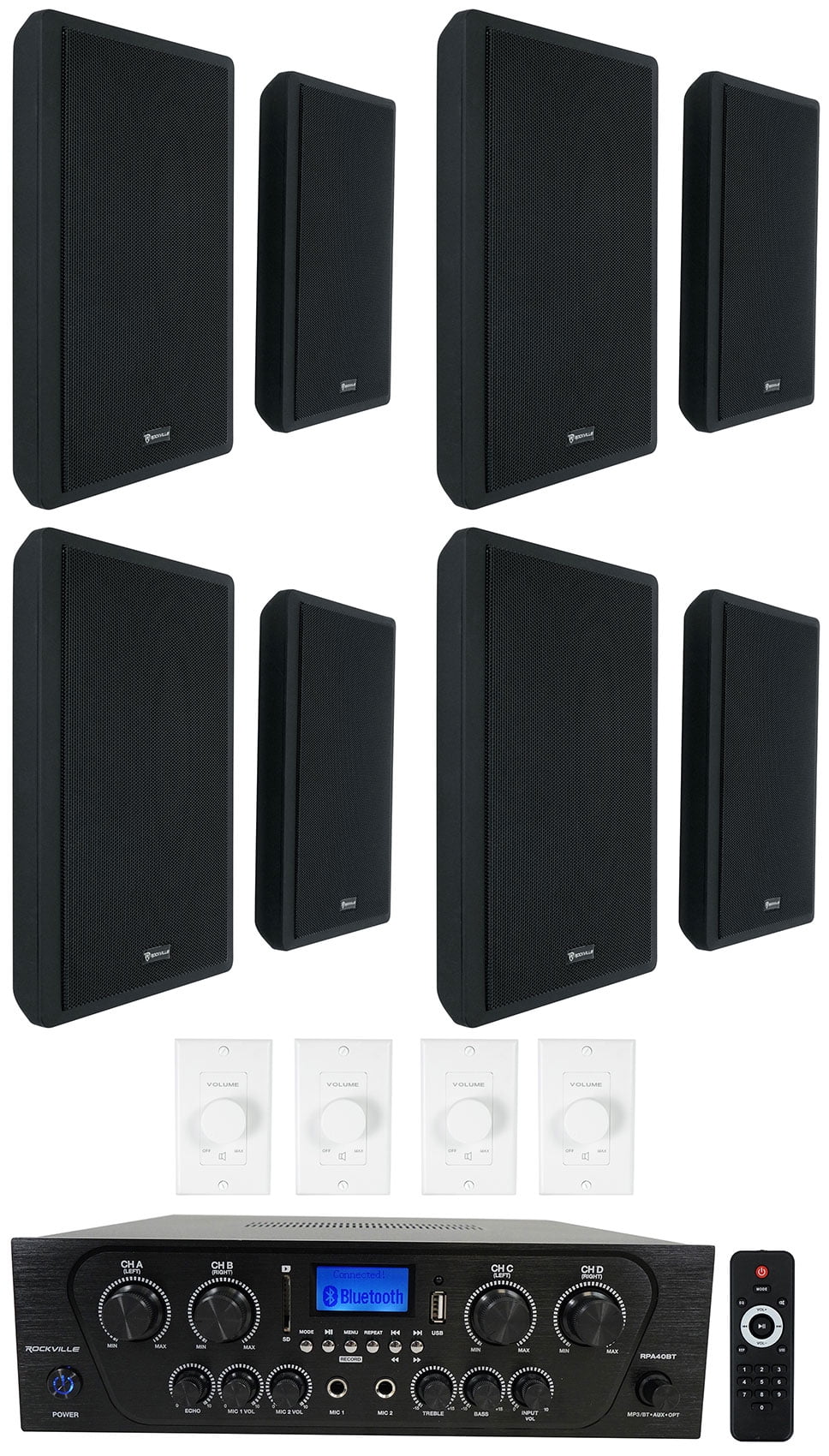 Rockville 4-Room Home Audio Kit Stereo+8) Black Slim Wall Speakers+Wall ...