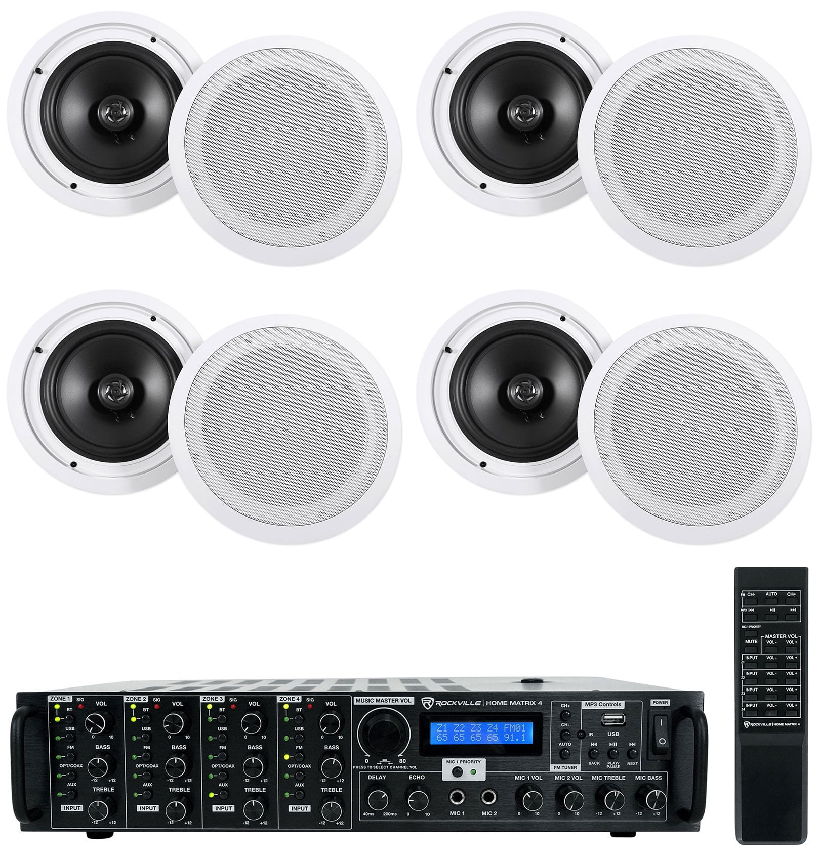 Rockville 4-Room Home Ceiling Speaker System w/ (8) 8" Speakers+4-Zone ...