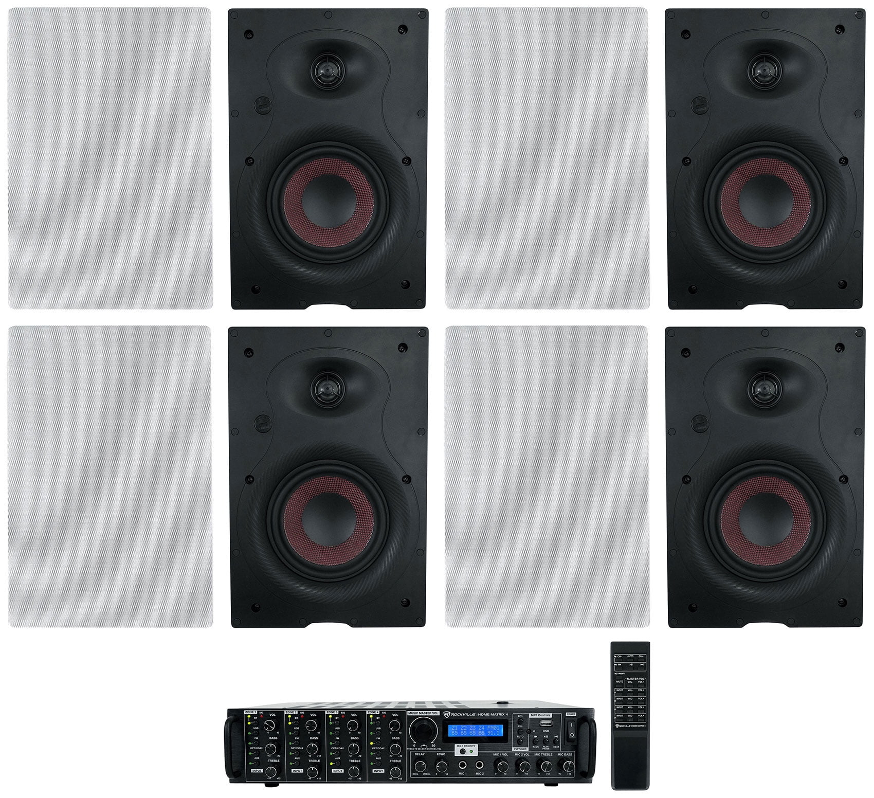 Rockville 4-Room Home Speaker System w/(8) 6.5" In-Wall Speakers+4 Zone ...