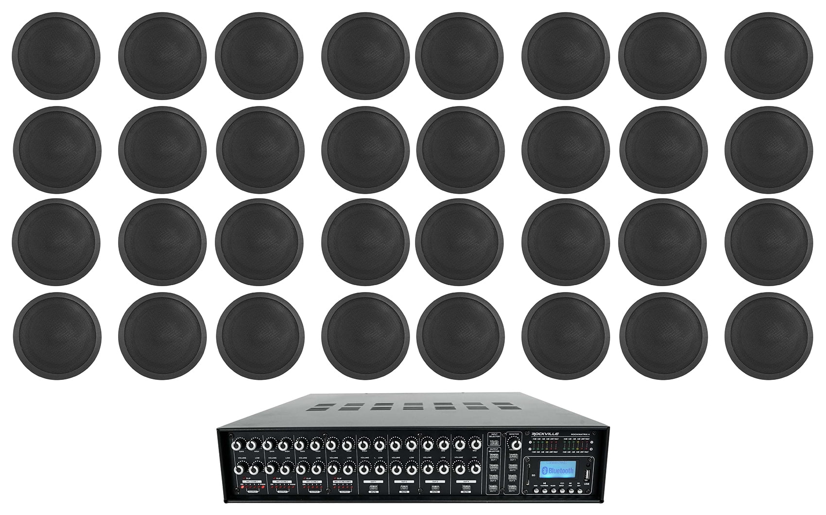 Rockville 4-Zone Multi Source Audio System w/ (32) 6" 70v Black Ceiling ...