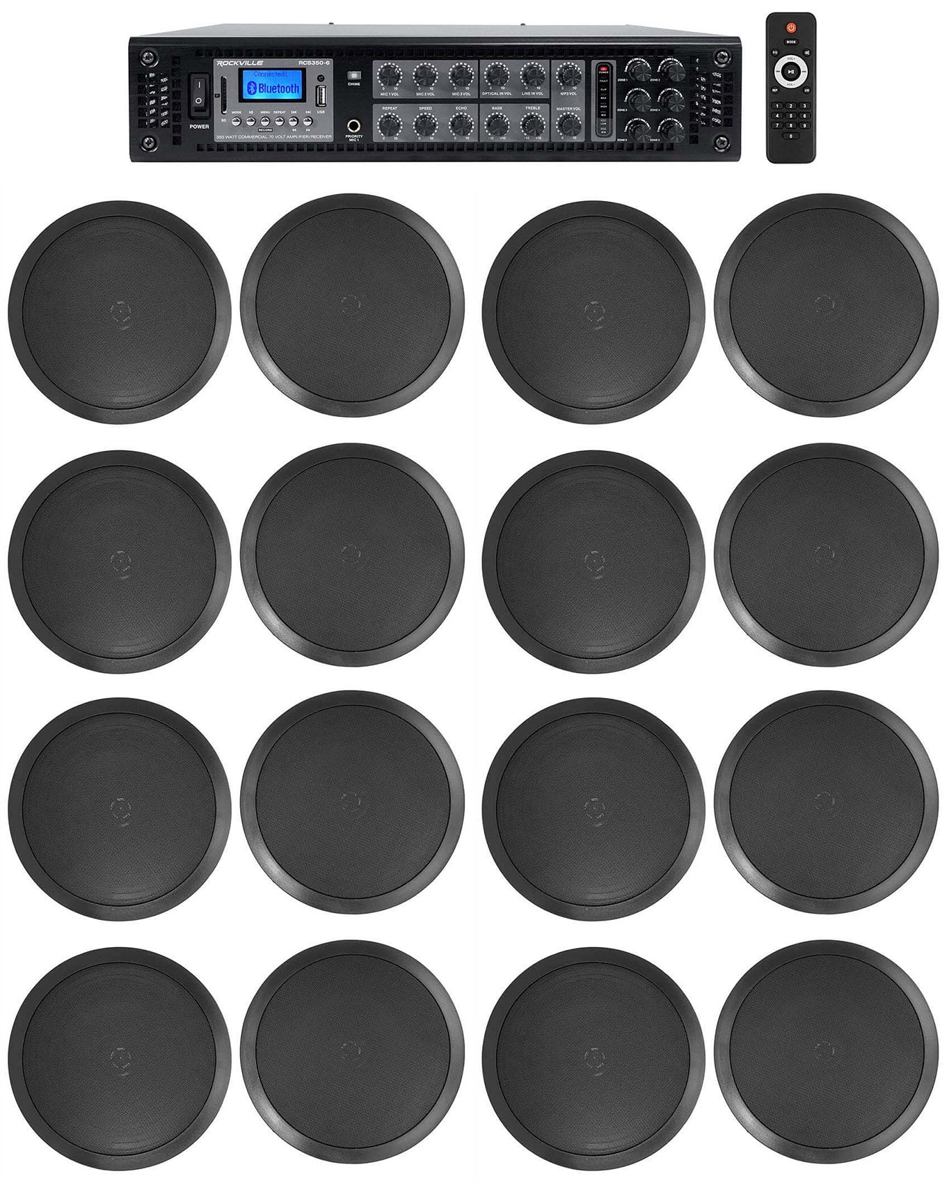 "Rockville Commercial Audio System: 8"" 2-Way Ceiling Speakers + 16 ...