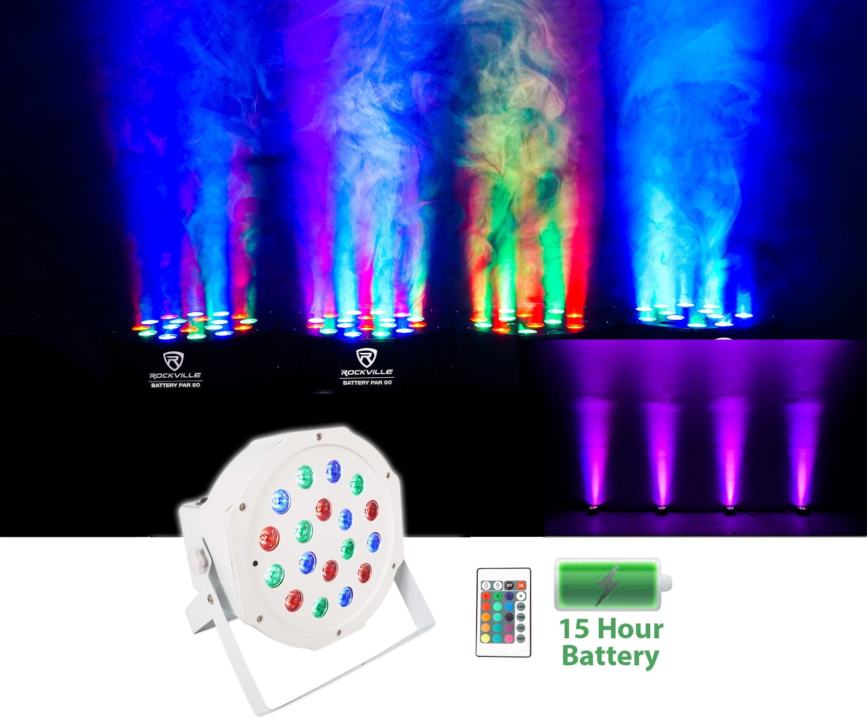 Rockville BATTERY PAR 50 White Rechargeable LED DMX Wash Light, Bright ...