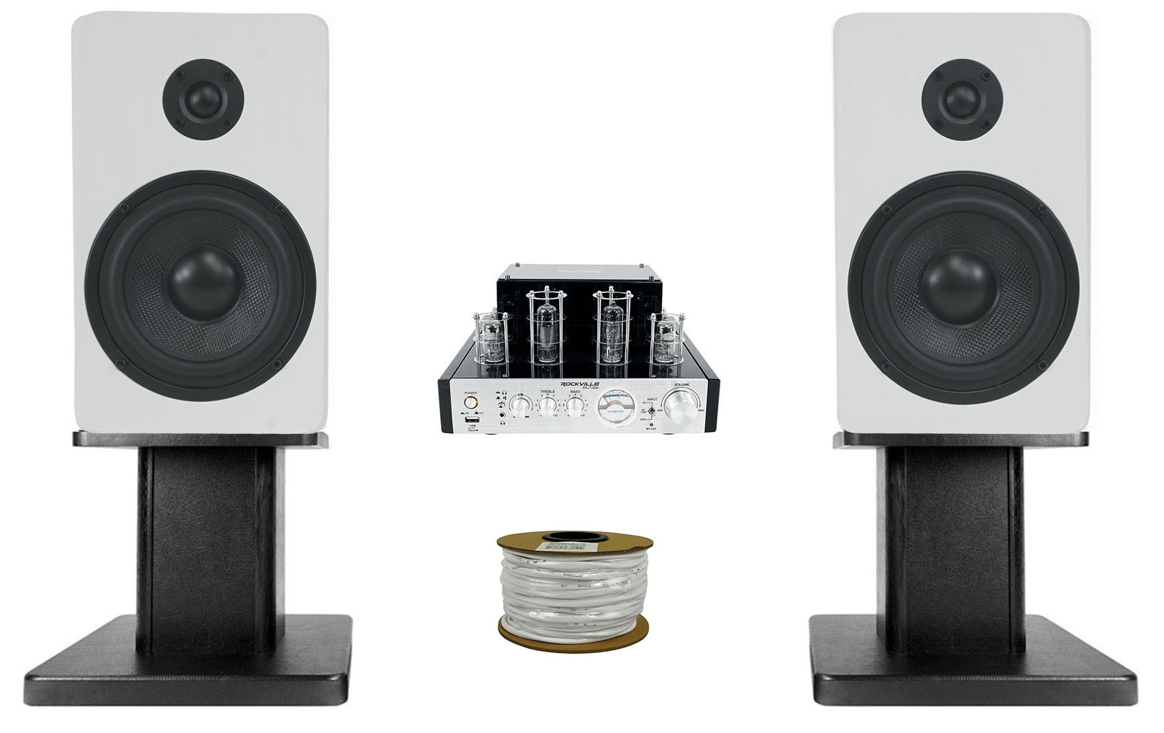 Rockville BluTube Tube Amplifier+(2) 5.25" White Bookshelf Speakers + 8 ...