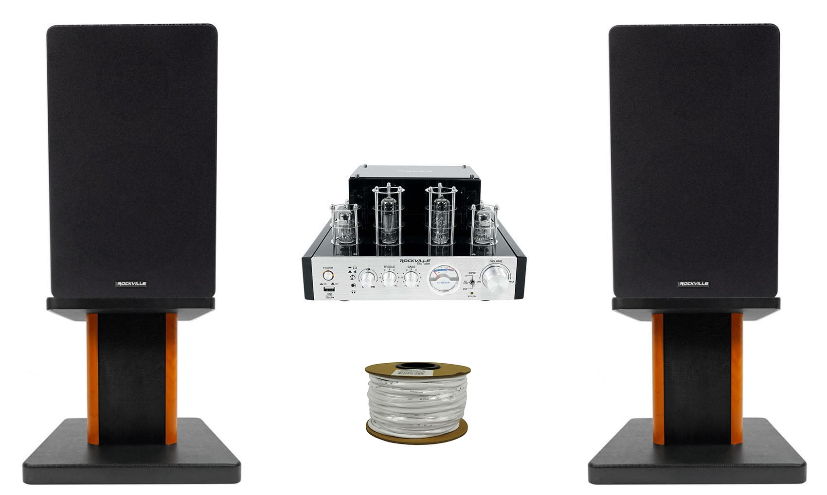 Rockville BluTube Tube Amplifier+6.5" Black Bookshelf Speakers+8" Wood ...