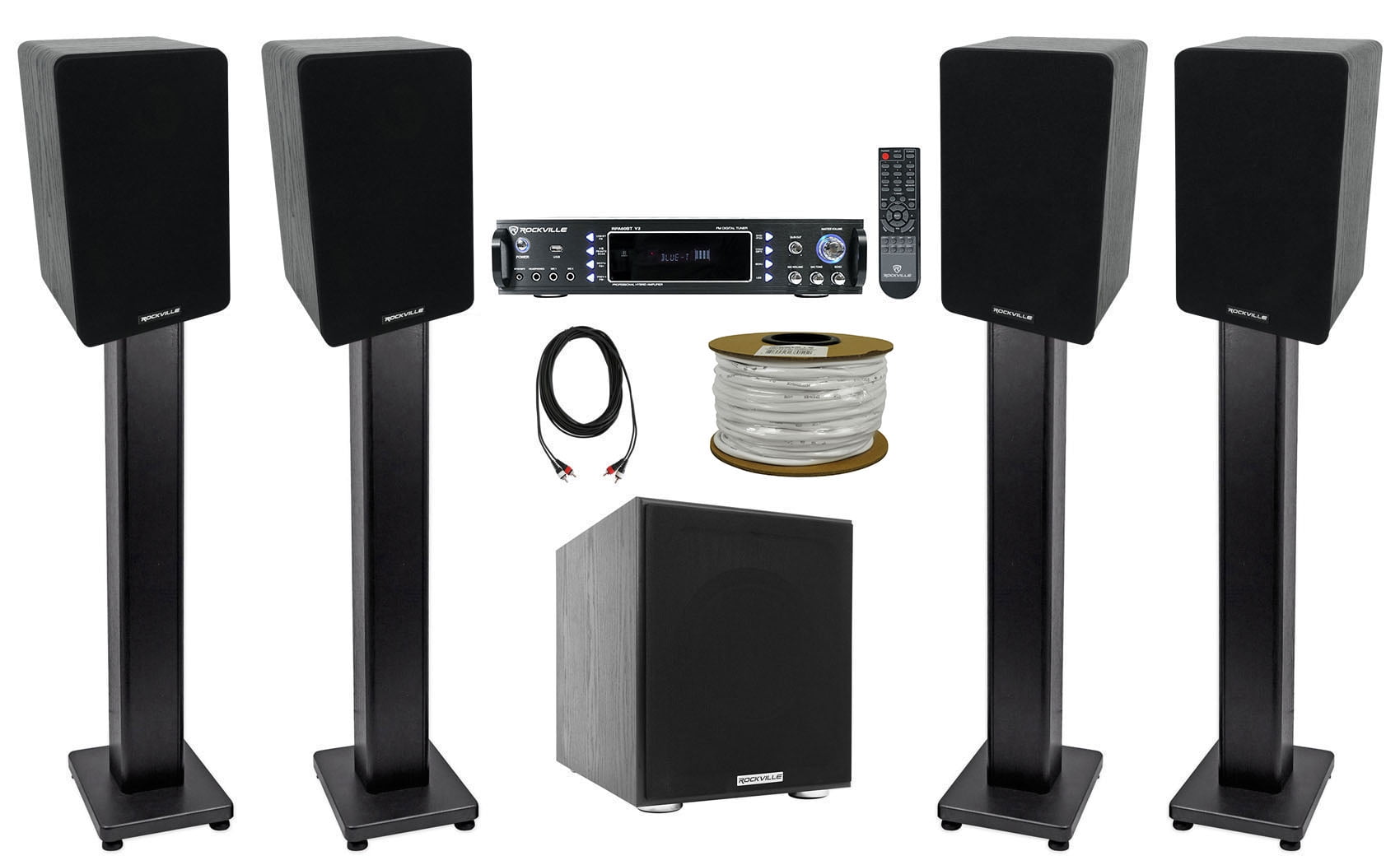 Rockville Bluetooth Home Receiver+(4) 5.25" Bookshelf Speakers+Stands ...
