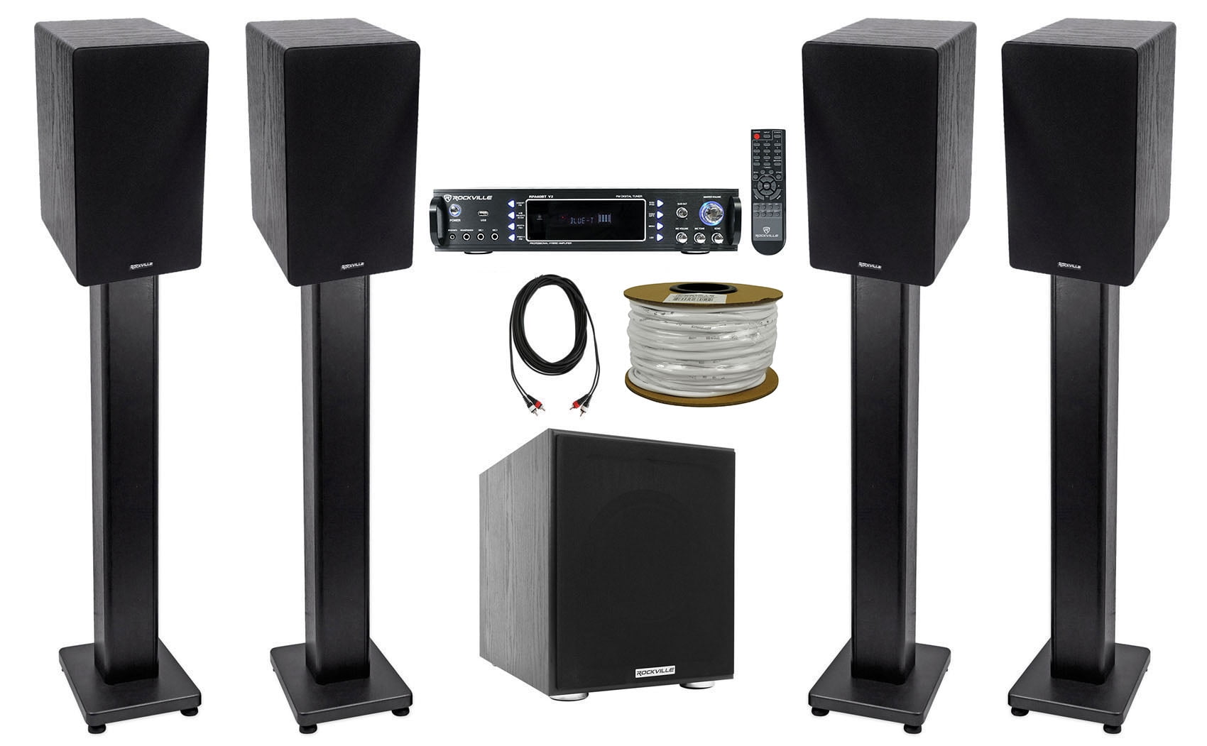 Rockville Bluetooth Home Receiver+(4) 6.5" Bookshelf Speakers+Stands ...