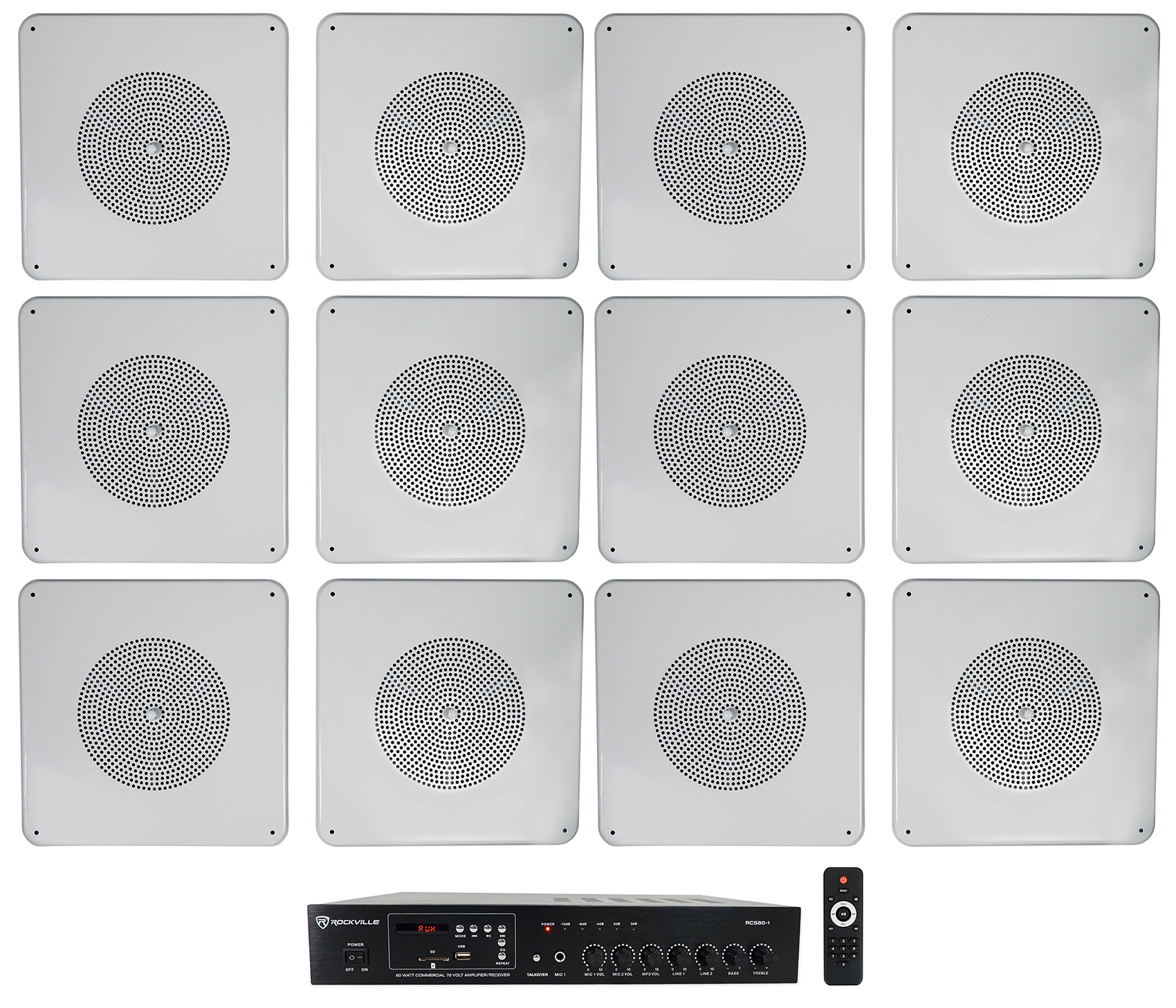Rockville Commercial Amplifier+12 Metal 8" 70v Background Music Ceiling ...