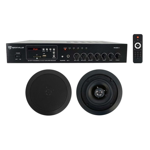 Rockville Commercial Amplifier+2) 5.25" 2Way Black Ceiling Speakers 4 ...