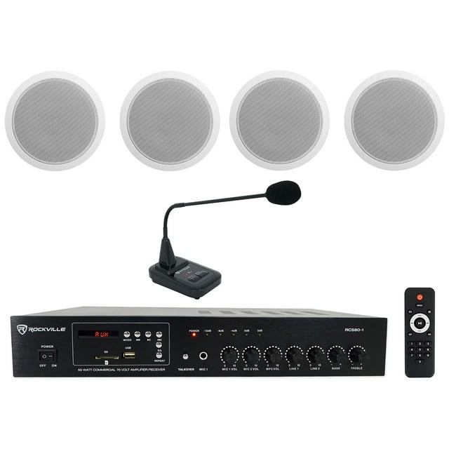 Rockville Commercial Restaurant Amp+4) 6" Ceiling Speakers+Paging ...