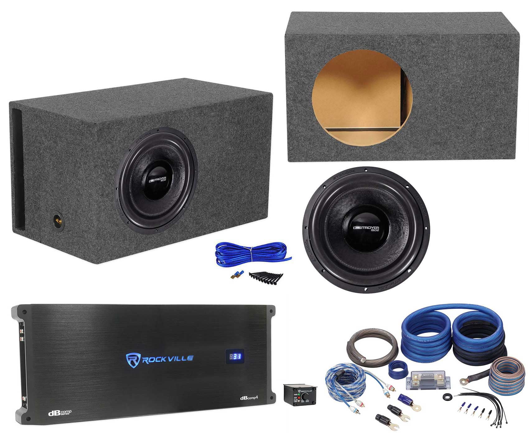Rockville Destroyer 15D2 15" Car Competition Subwoofer+Vented Box+Mono ...