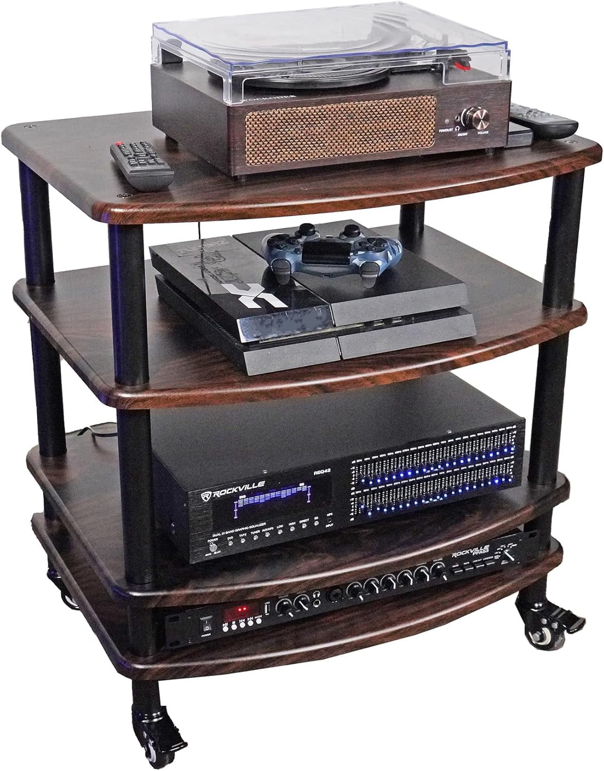 Rockville FLX Dark Wood Adjustable Height 4 Shelf Home Theater Audio Rack Stand, 24"x18", 300lb ...