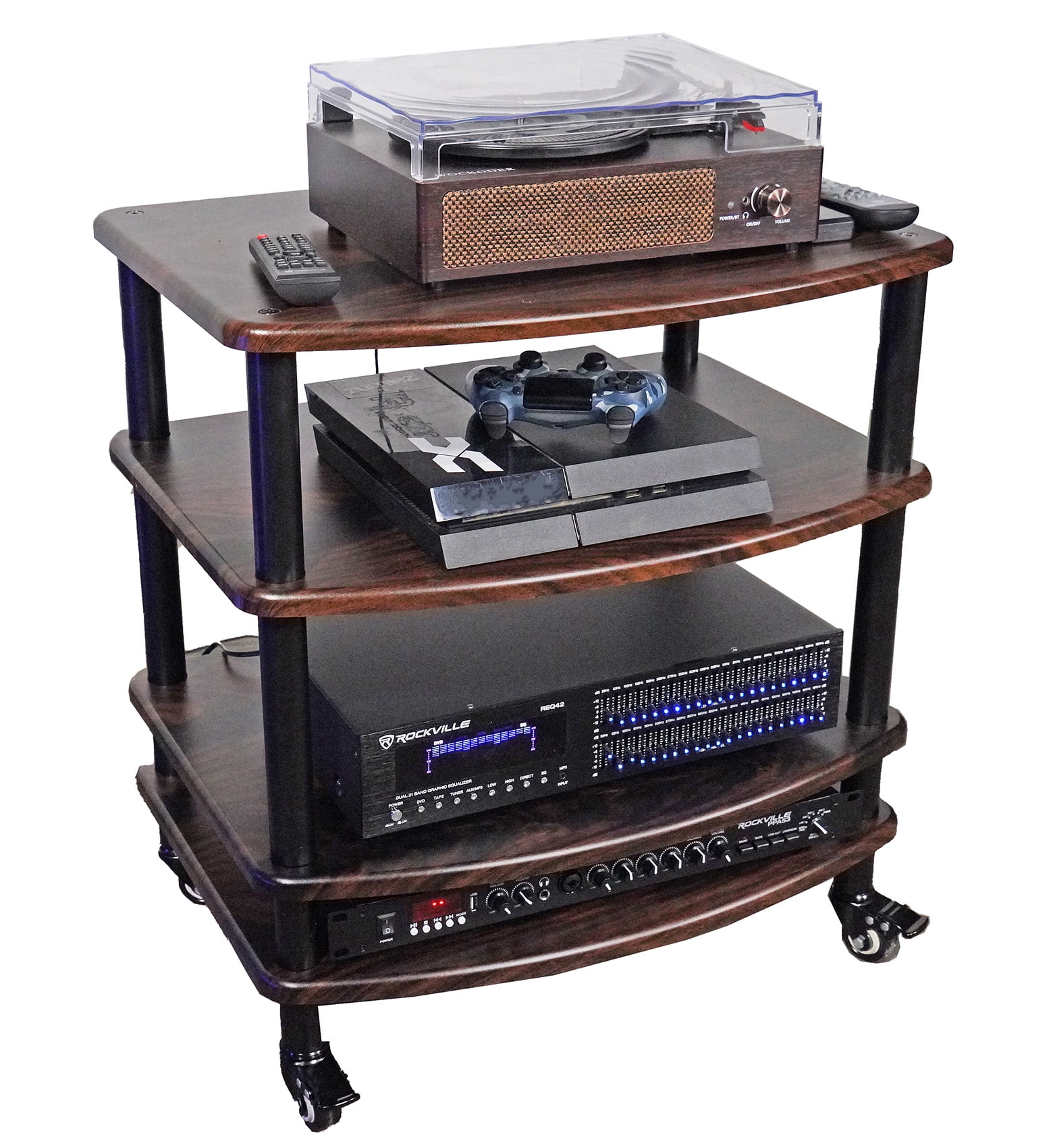 Rockville FLX Dark Wood Adjustable Height 4 Shelf Home Theater Audio ...