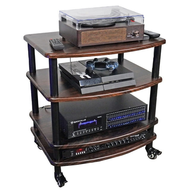 Rockville FLX Dark Wood Adjustable Height 4 Shelf Home Theater Audio ...