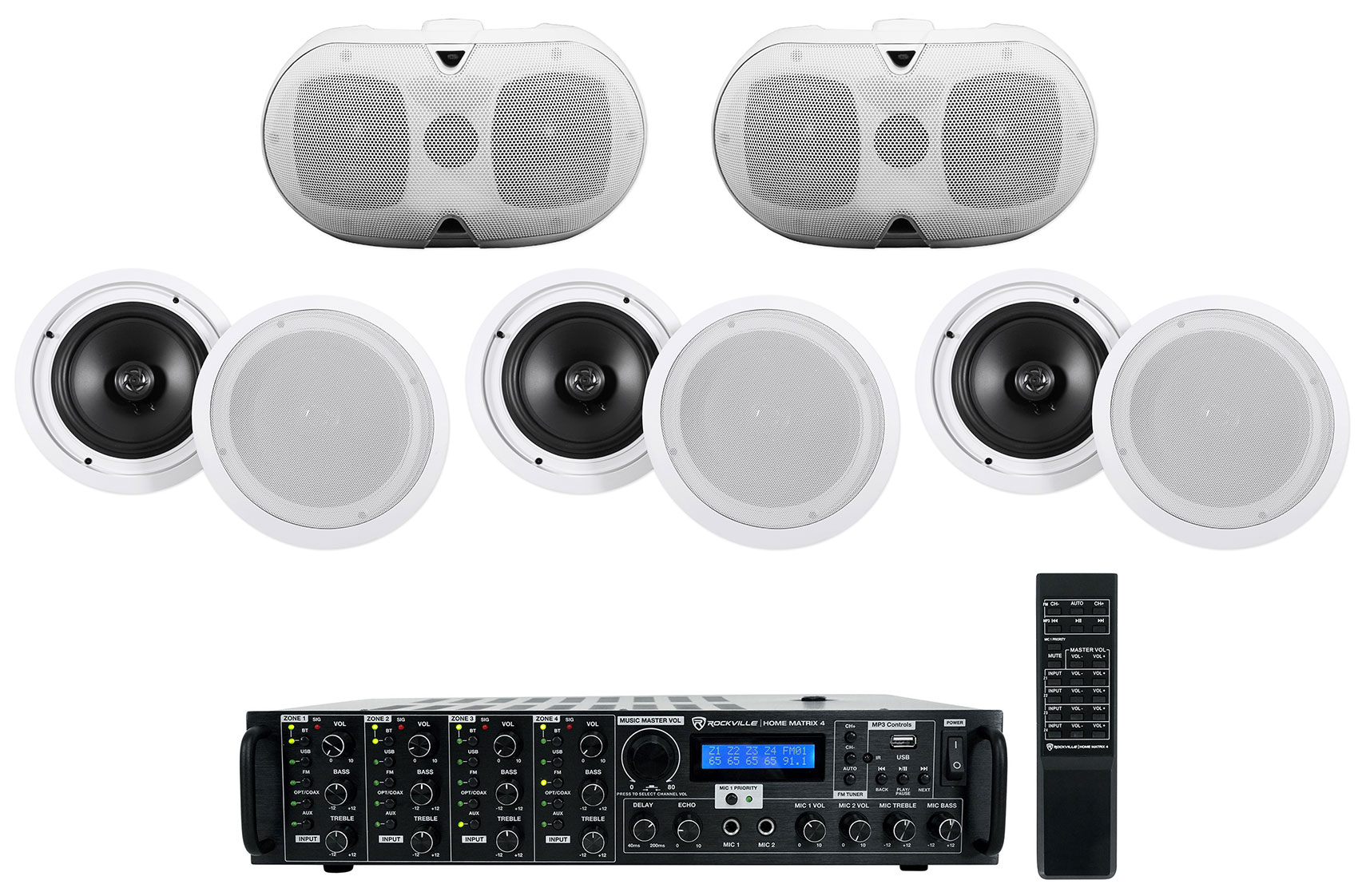Rockville Home Speaker System w/6) 8" Ceiling+2) Patio Speakers+4-Zone ...