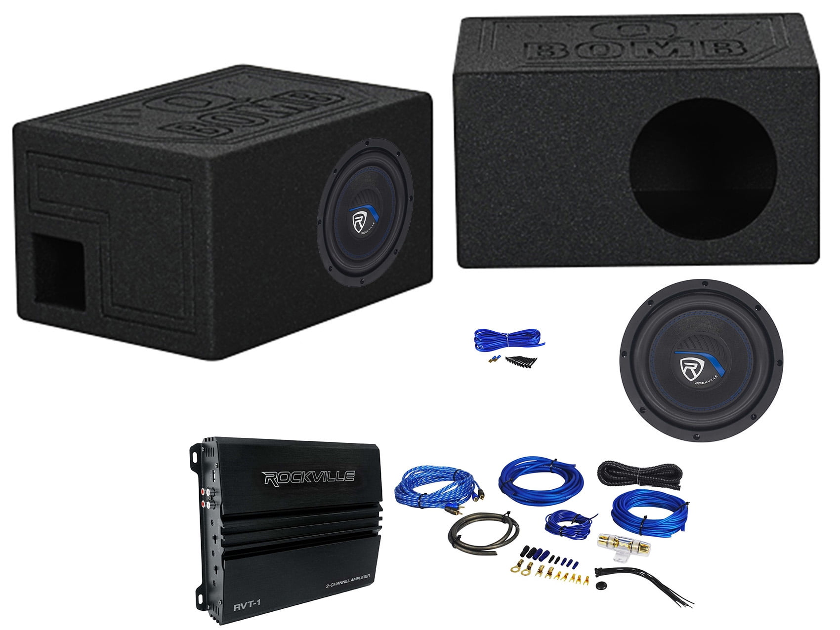 Rockville K5 W8K5S4 8" 800 Watt Subwoofer+Vented Sub Box+Amplifier+Amp ...