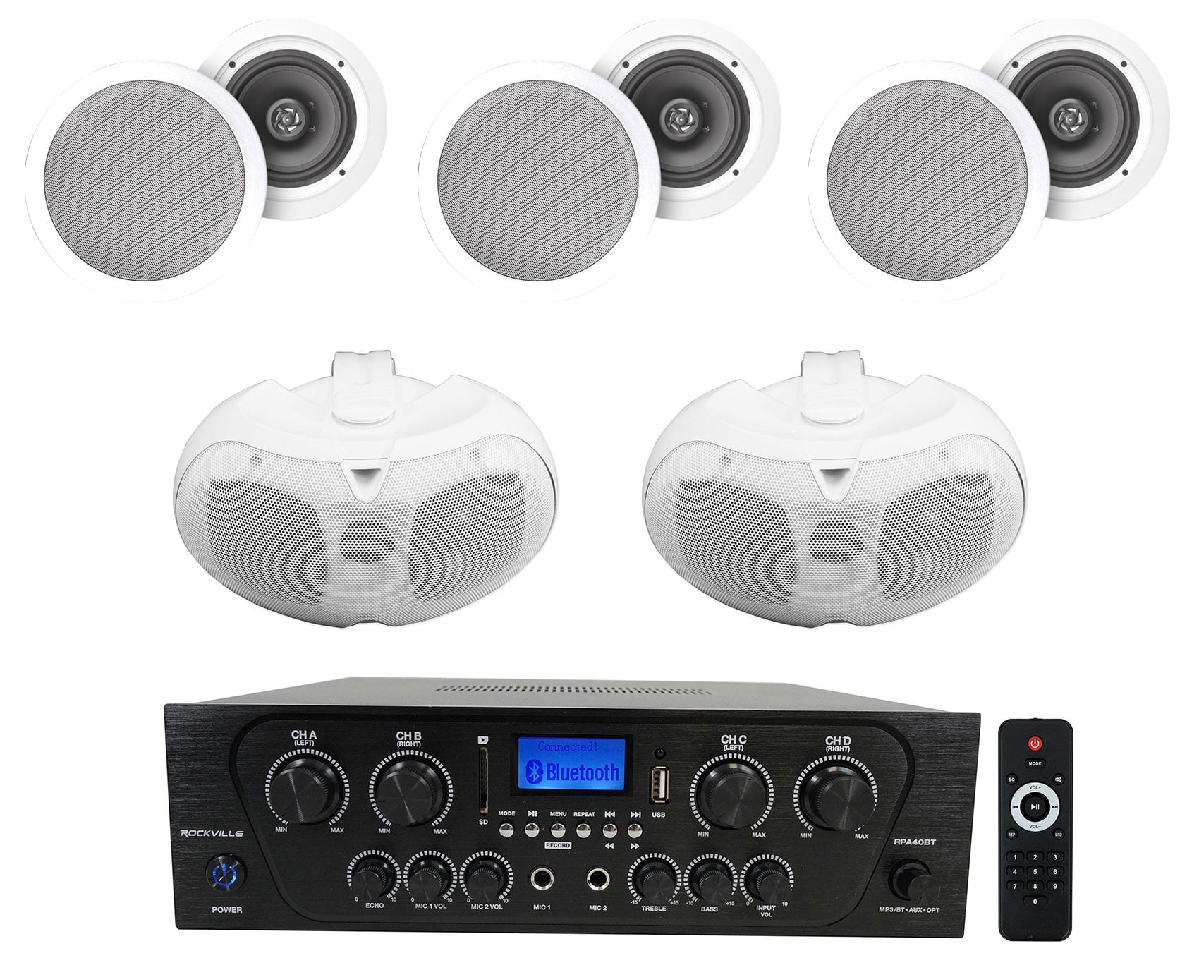 Rockville Multi-Room Home Audio Receiver+6) 6.5" White Ceiling+2) Patio ...