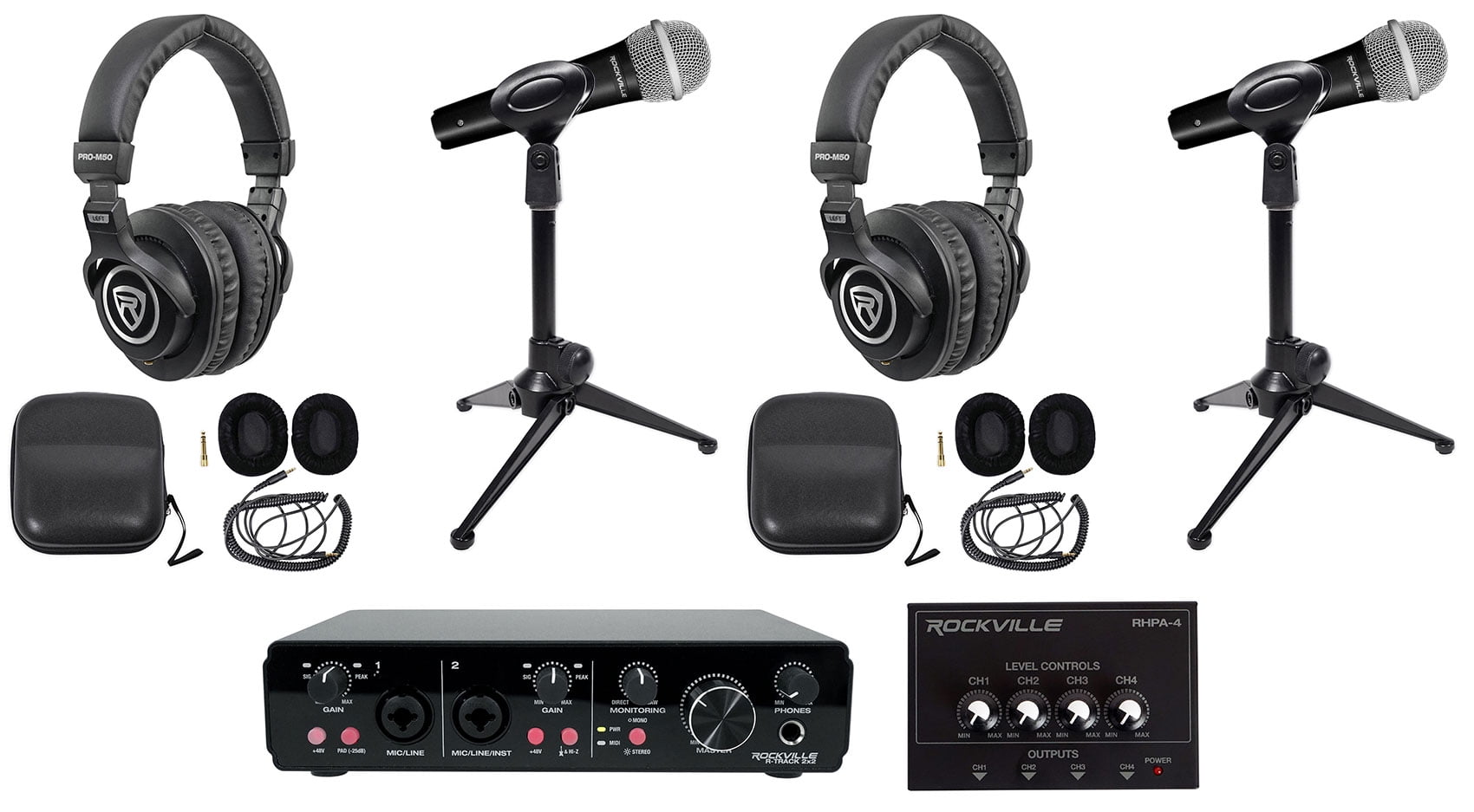 Rockville R-TRACK 2x2 2-Person Podcast Kit-Dynamic Microphones+Stands ...