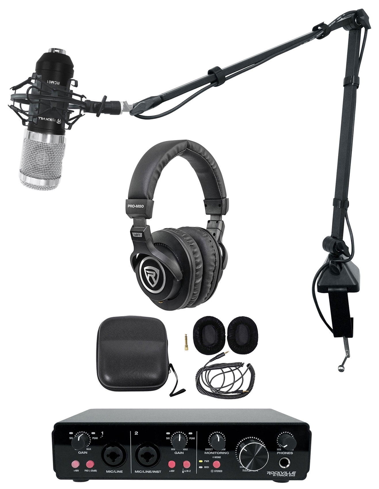 Rockville R-TRACK 2x2 USB Computer Recording Interface+RCM01 Mic+Boom ...