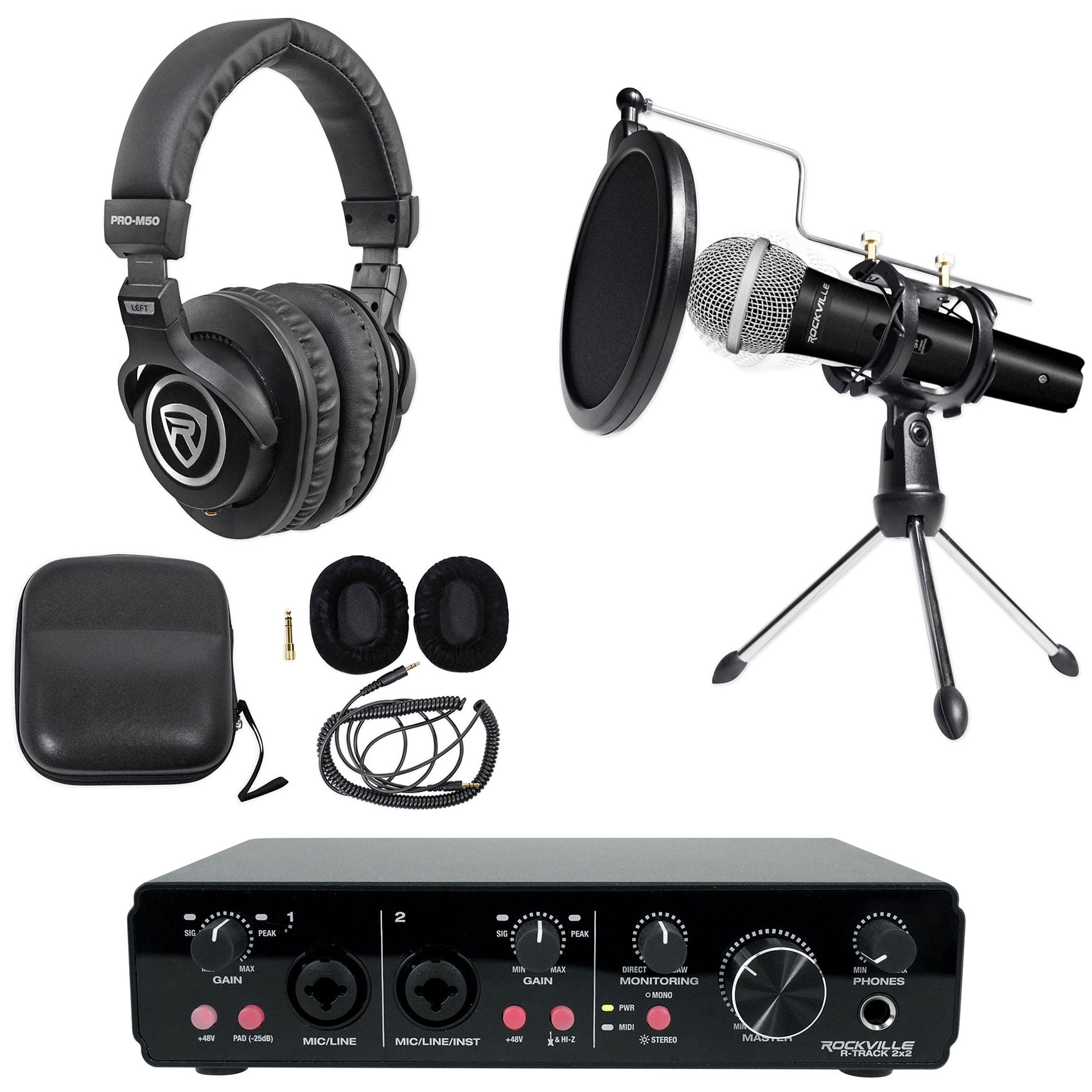 Rockville R-TRACK 2x2 USB Recording Interface+Mic+Stand+Pop Filter ...