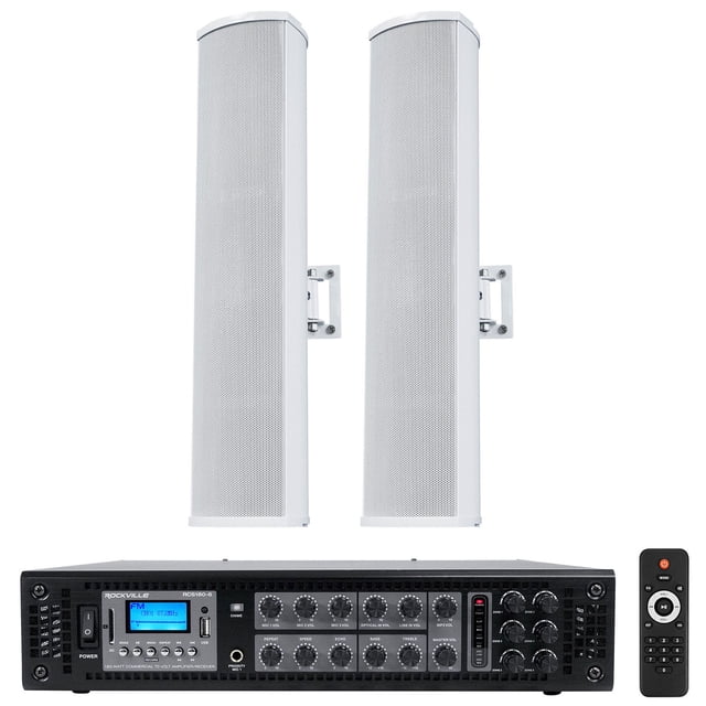 Rockville RCS180-6 70v Commercial Amplifier Amp + (2) White Line Array ...