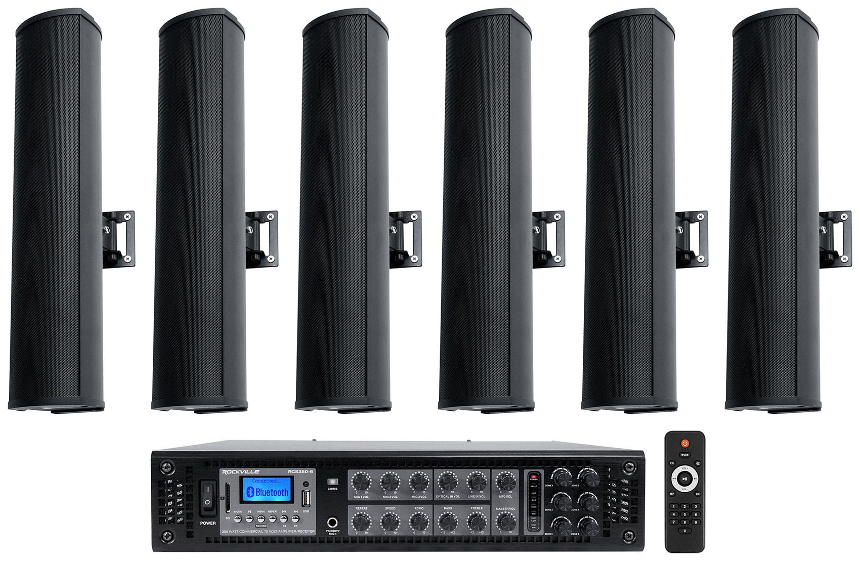 Rockville RCS350-6 70v Commercial Bluetooth Amplifier + (6) Line Array ...