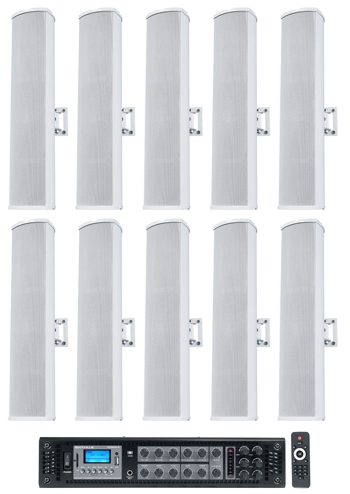 Rockville RCS650-6 70v Commercial Amplifier Amp + (10) White Line Array ...