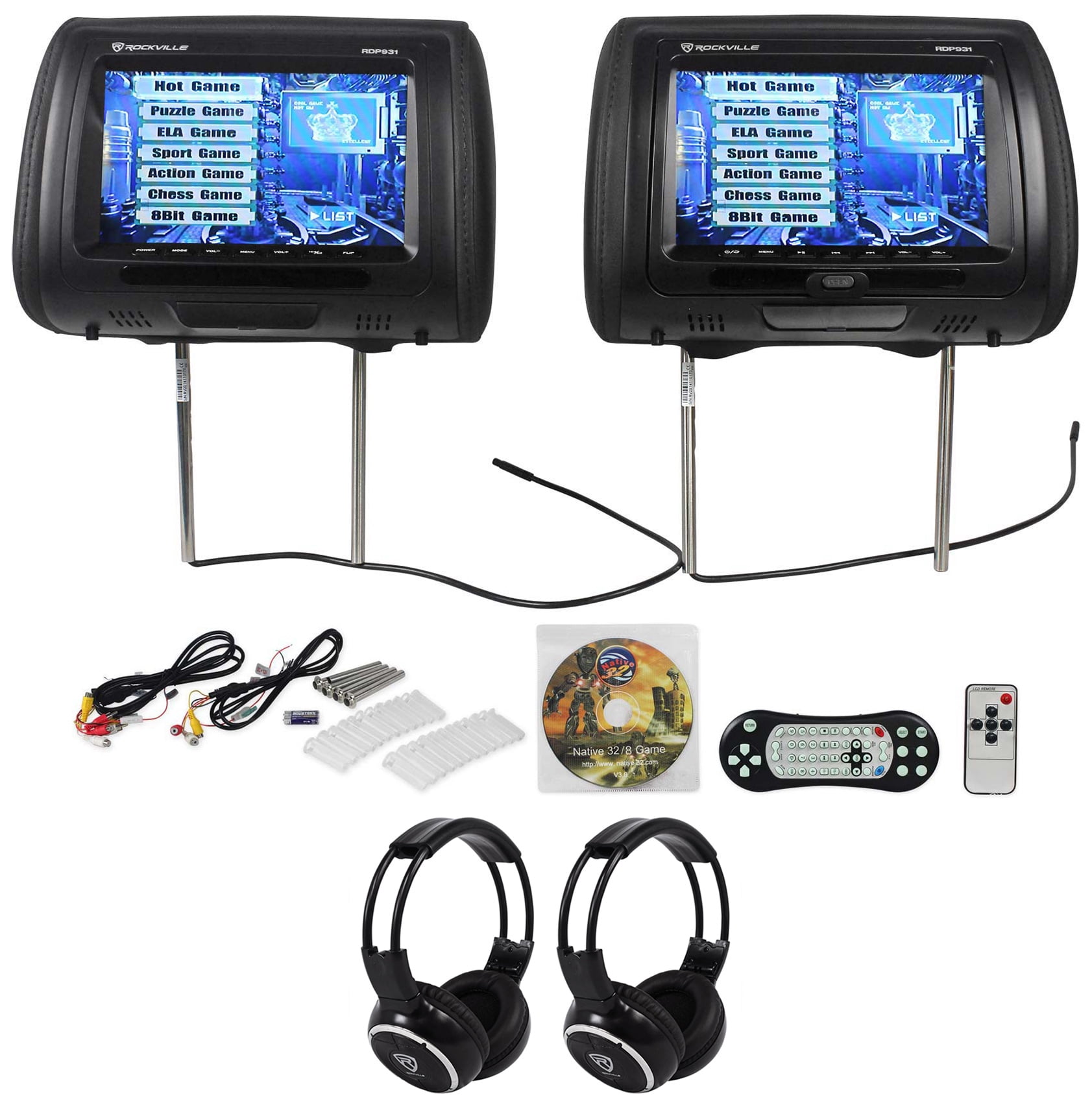 Rockville RDP931-BK 9” Black Car DVD/HDMI Headrest Monitors+2 Wireless ...