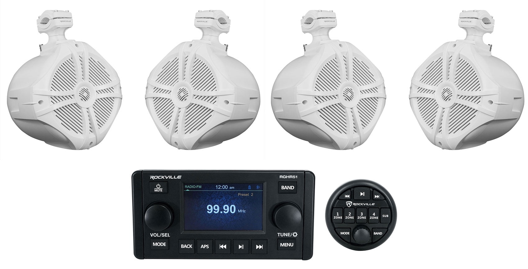 Rockville RGHR51 5 Zone Marine Bluetooth Receiver+(4) 8" White Tower ...