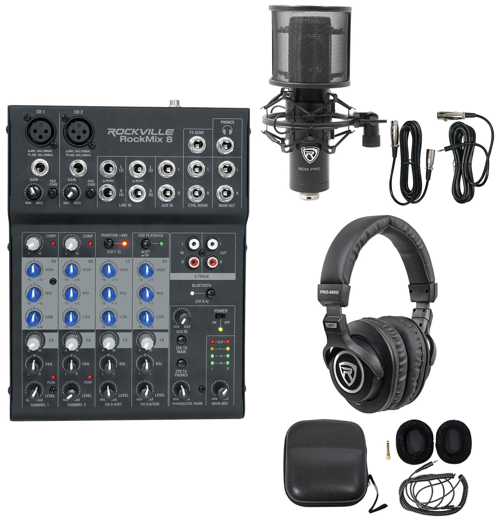 Rockville ROCKMIX 8 Channel USB Mixer w/Compressor/Bluetooth + Mic ...