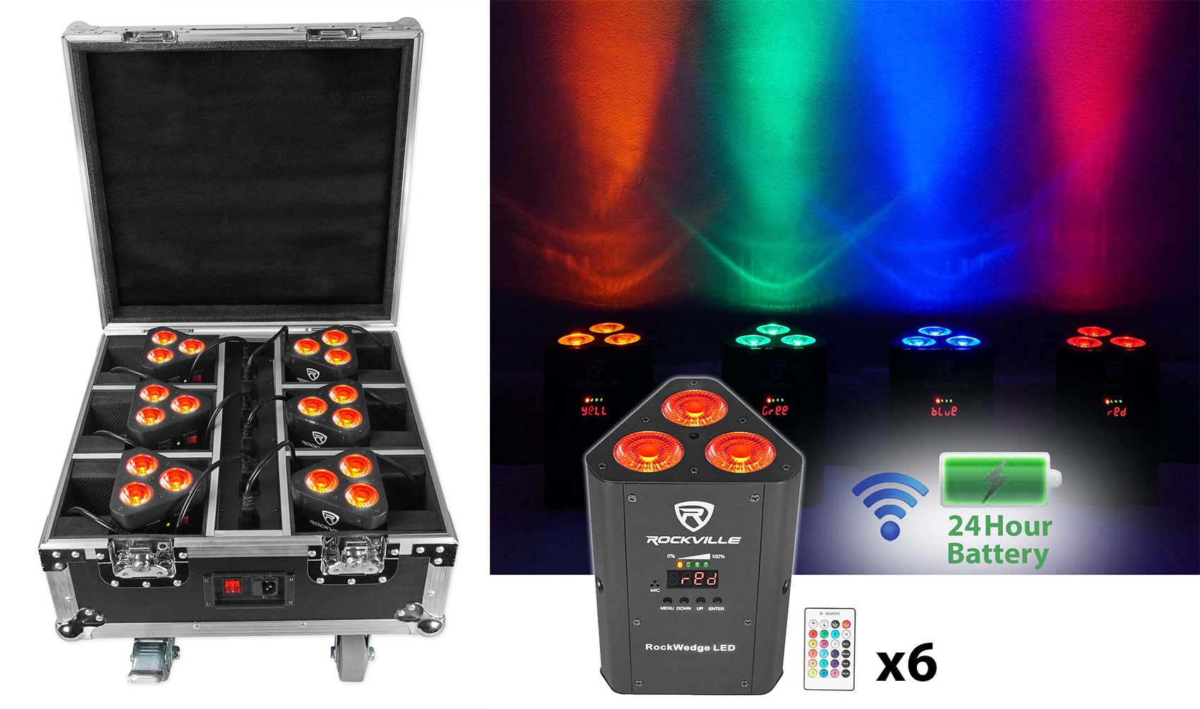 Rockville ROCKWEDGE PACKAGE BLACK (6) Battery Wireless DMX Par Lights ...