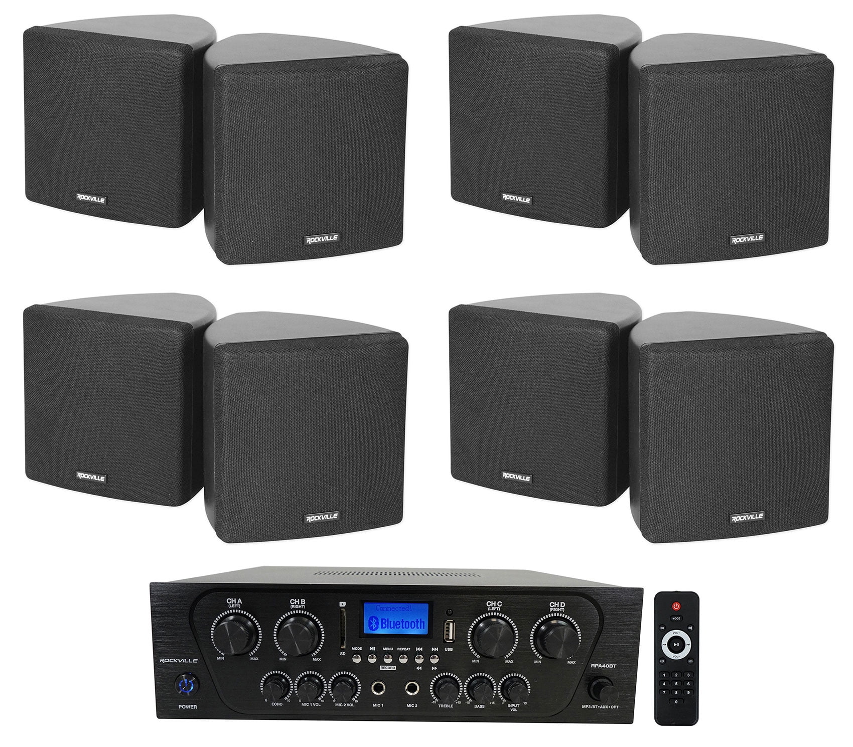 Rockville RPA40BT 4-Room Home Audio Kit Receiver+(8) Black Wall Cube ...