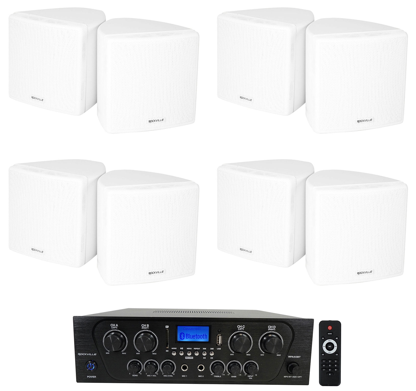 Rockville RPA40BT 4-Room Home Audio Kit Receiver+(8) White Wall Cube ...