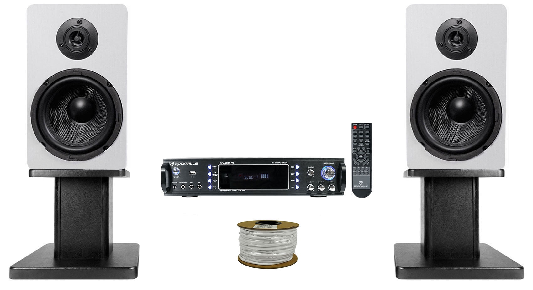 Rockville RPA60BT Bluetooth Receiver+(2) 6.5" White Bookshelf Speakers+ ...