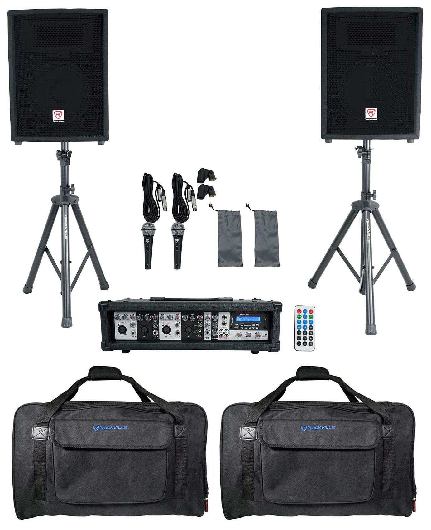 Rockville RPG2X10 Bluetooth PA System Mixer/Amp+10" Speakers+Stands ...