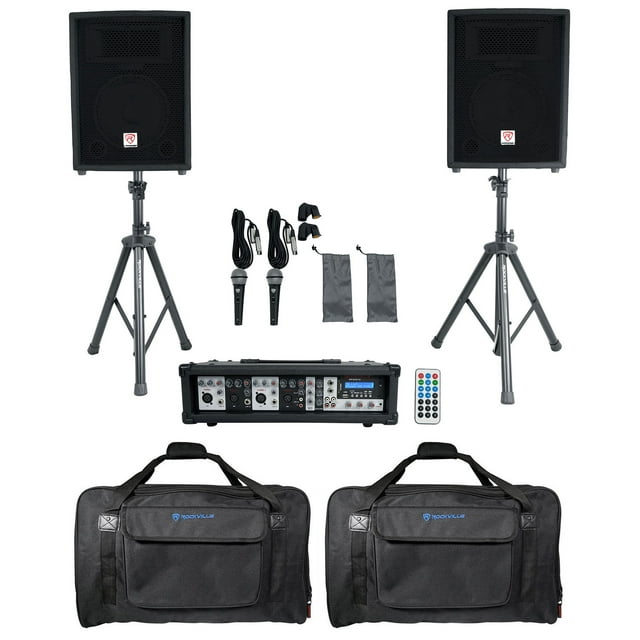 Rockville RPG2X10 Bluetooth PA System Mixer/Amp+10" Speakers+Stands ...