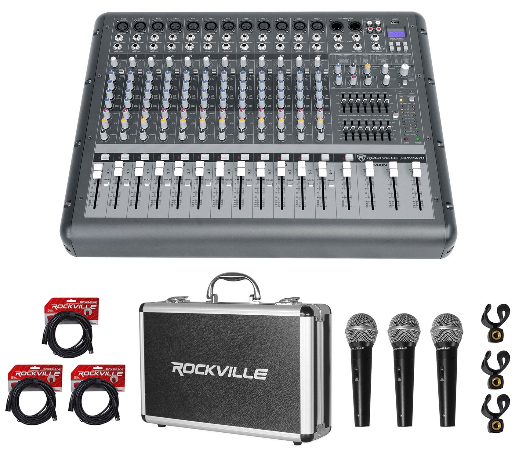 Rockville RPM1470 14 Channel 6000w Powered Mixer, USB/Effects+3 Mics ...