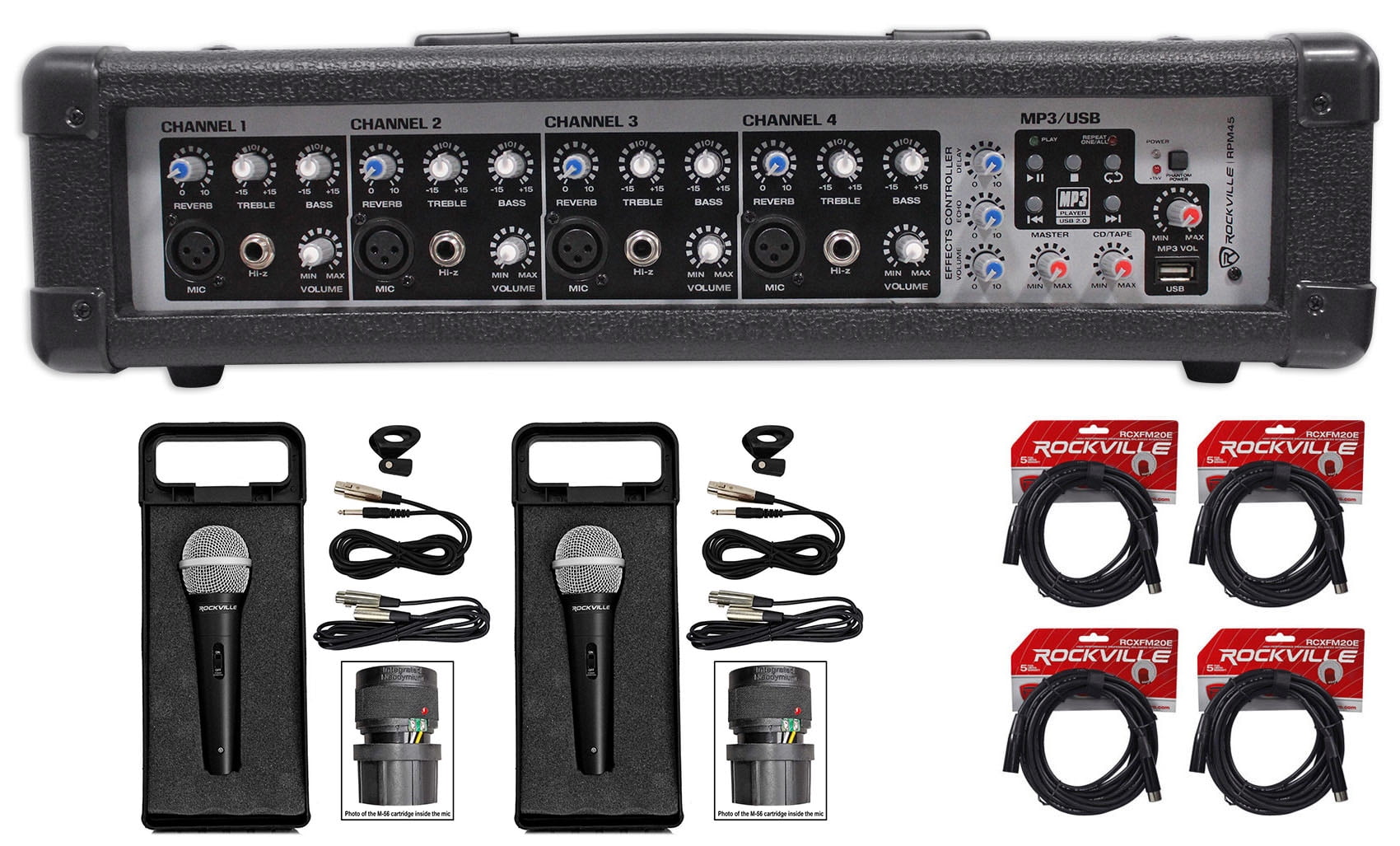 Rockville RPM45 1800w Powered 4-Channel Mixer Pro Mixing Amplifier, FX ...