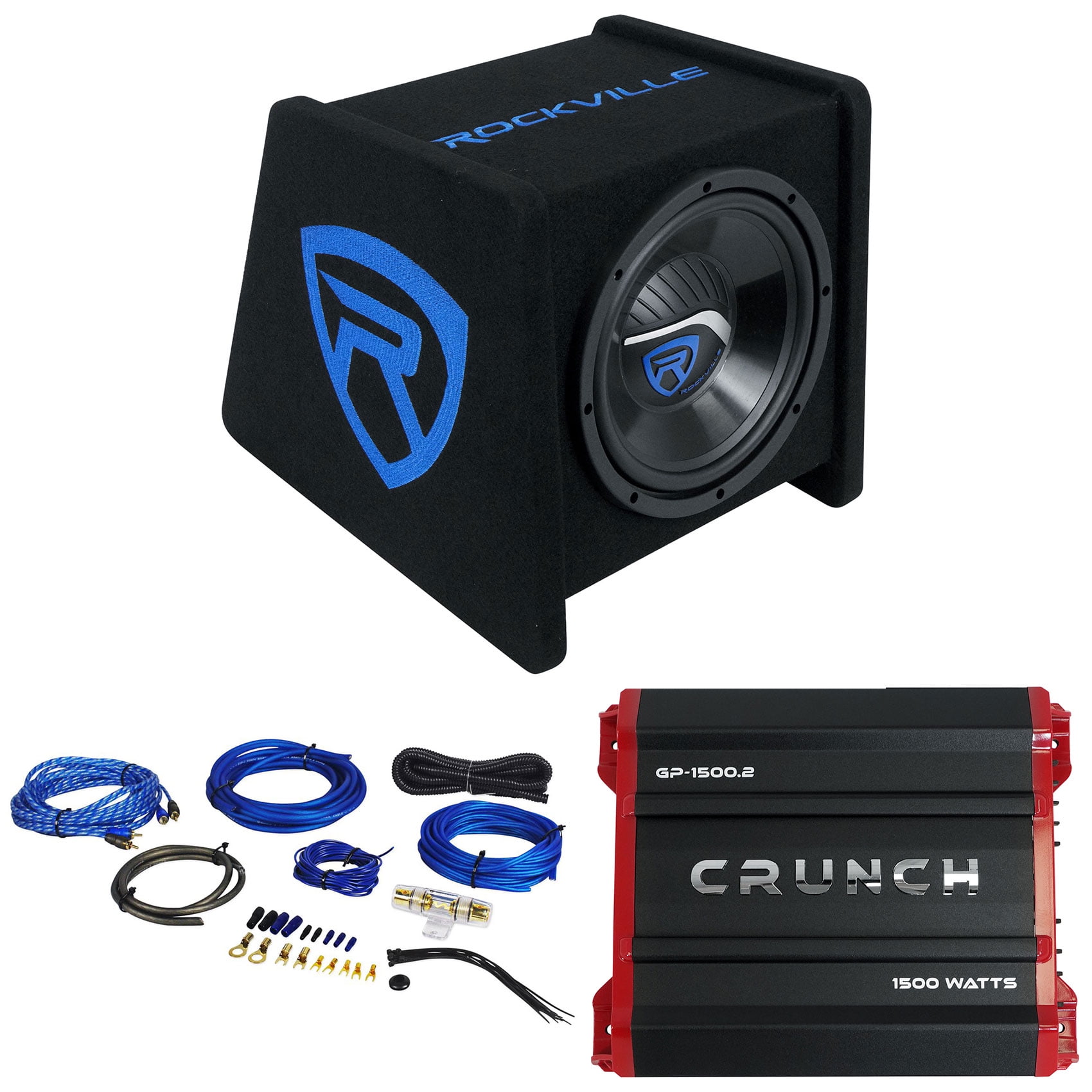 Rockville RV10P 10" 500w Car Subwoofer+Vented Sub Box+Crunch Amplifier ...