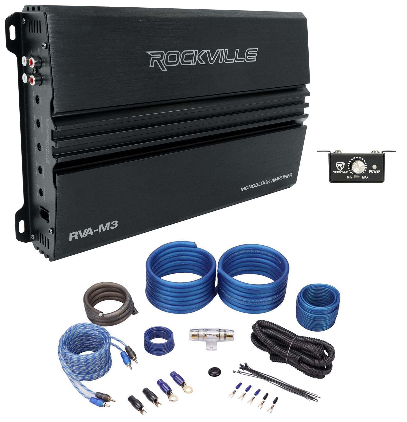 Rockville RVA-M3 4000w Mono Car Amplifier with Bass Knob and Amp Wire ...