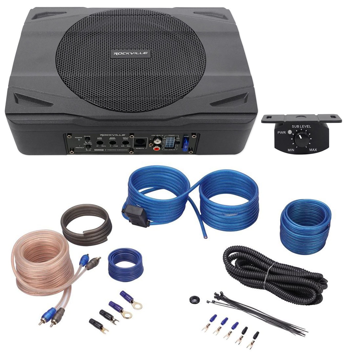 Rockville SS8P 400W Slim Under-Seat Car/Truck Subwoofer Sub+Amp Kit ...