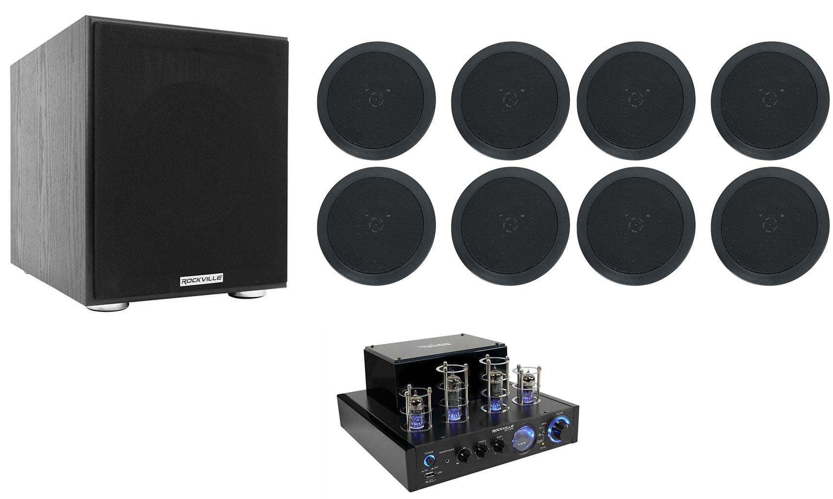 Rockville Tube Amp/Home Theater Receiver+(8) 5.25" Black Ceiling ...
