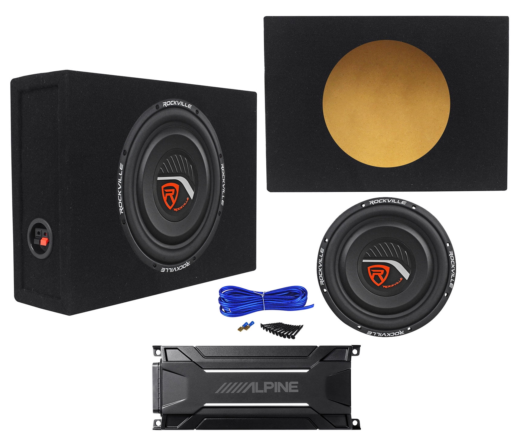 Rockville W10T4-S2 10" Shallow Slim Car Subwoofer+Alpine Ampifier ...