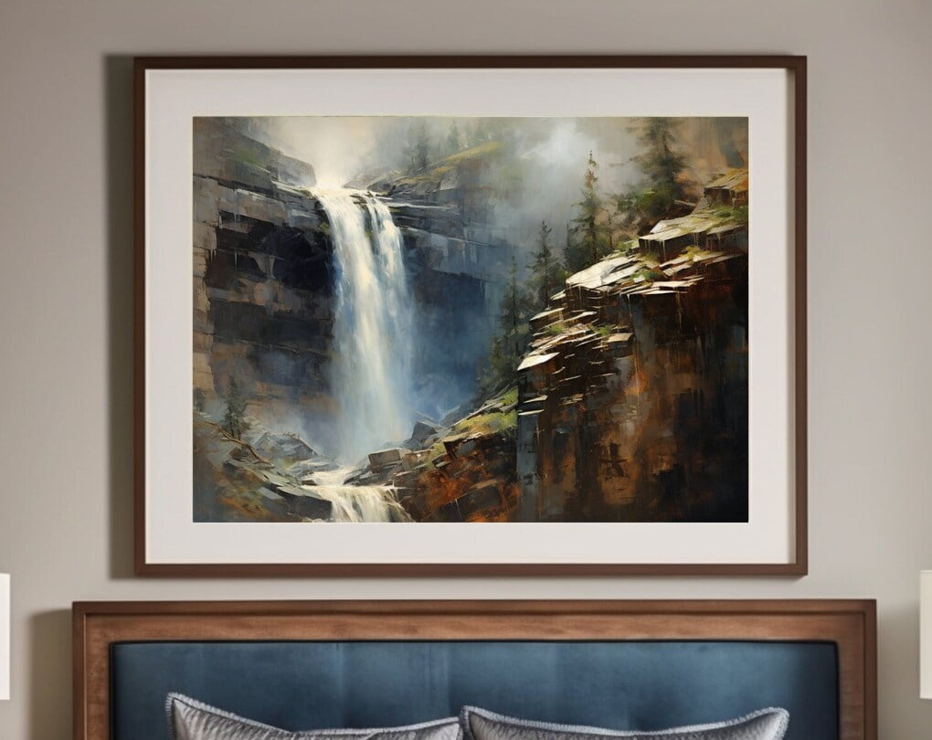 Rocky Cliffside Waterfall Painting Deep Blue And Frothy White Cascade ...