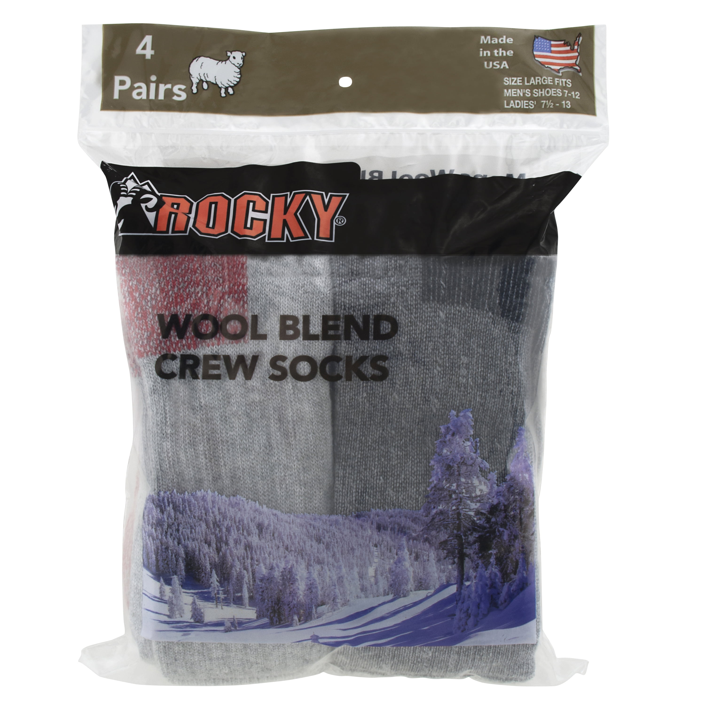 Rocky Men's Wool Blend Crew Socks 4-Pack with Arch Support and Comfort ...