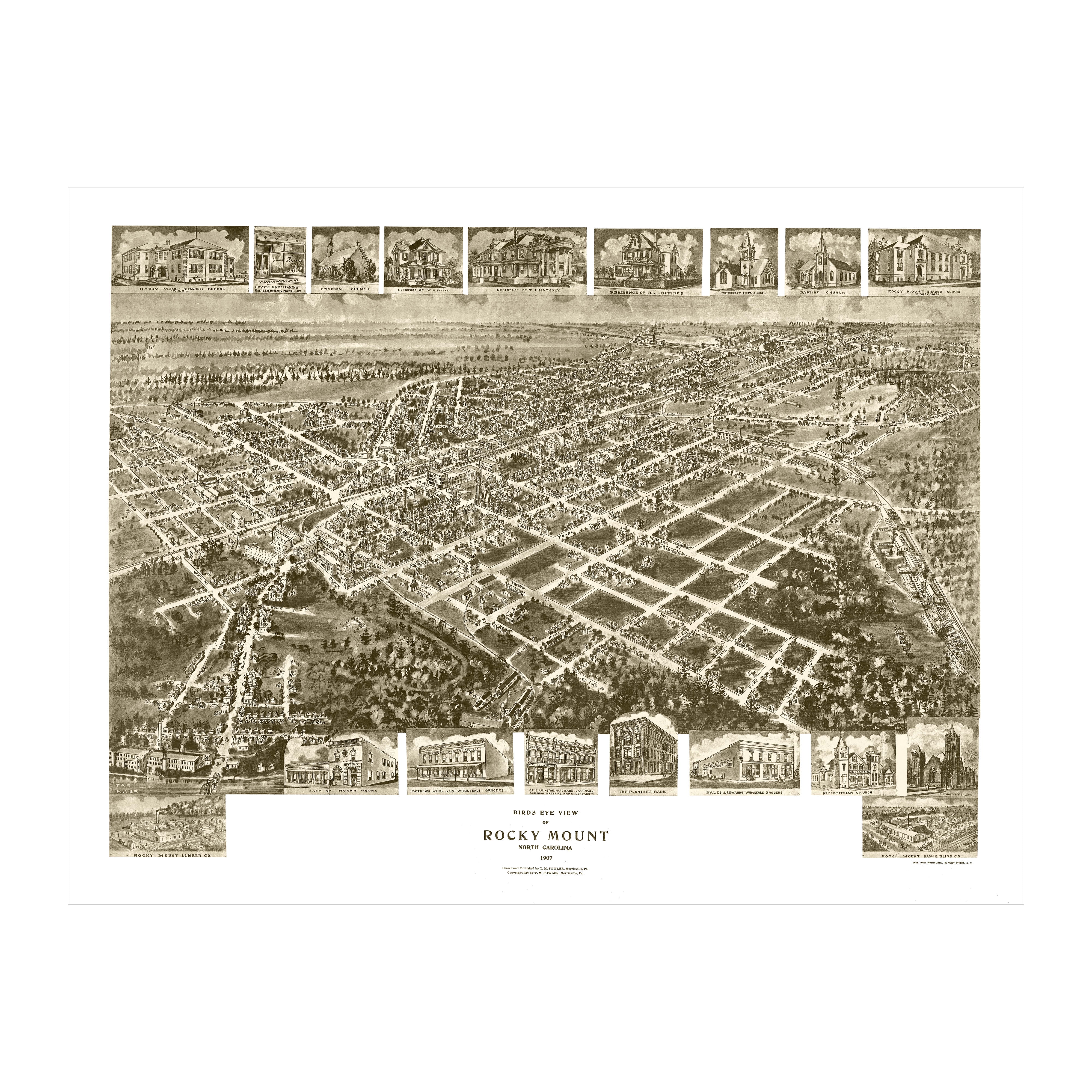 Rocky Mount Art, 1907 Vintage Map of Rocky Mount North Carolina, NC ...