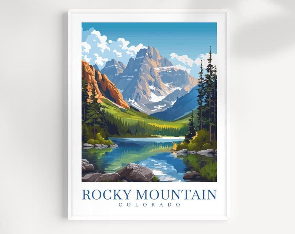 Rocky Mountain Colorado Travel Print Wall Art - Illustrated Mountain ...