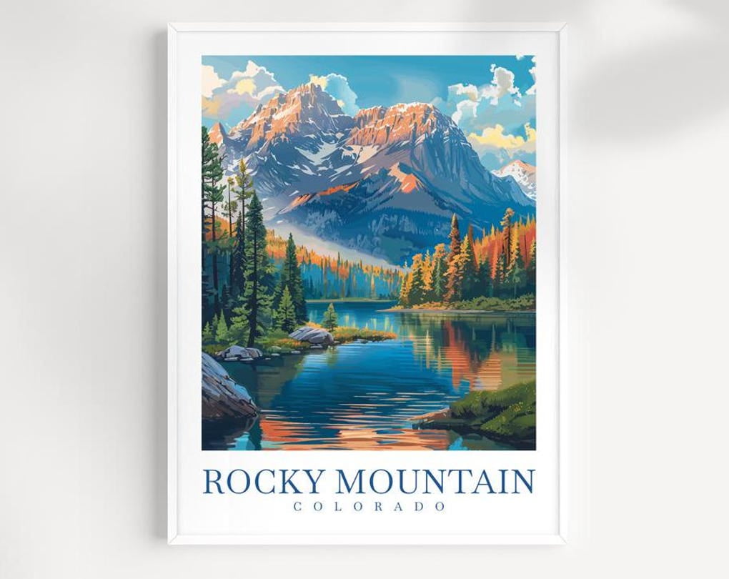 Rocky Mountain Colorado Travel Print Wall Art - Illustrated Mountain ...