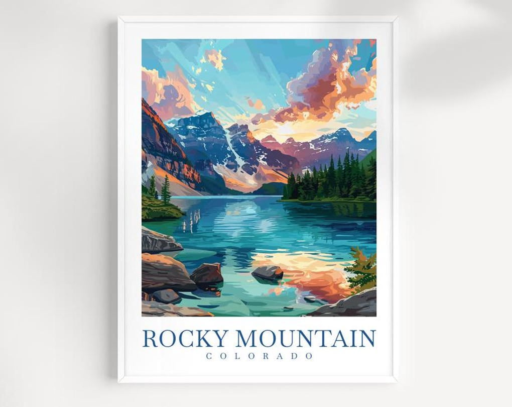 Rocky Mountain Colorado Travel Print Wall Art - Illustrated Mountain ...
