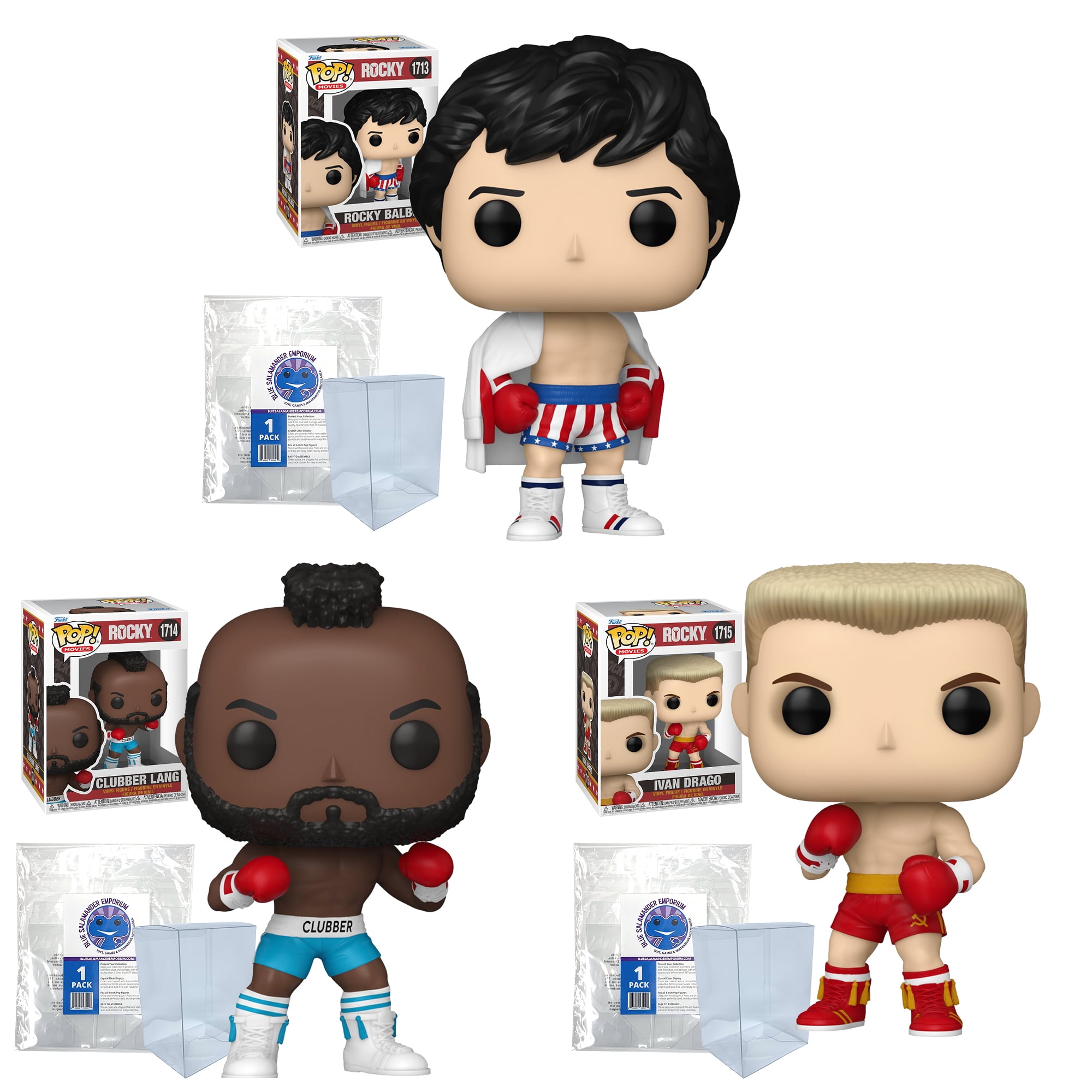 Rocky Set of 3: Rocky Balboa #1713, Clubber Lang #1714, Ivan Drago #1715 Funko Pops + 3 Plastic ...