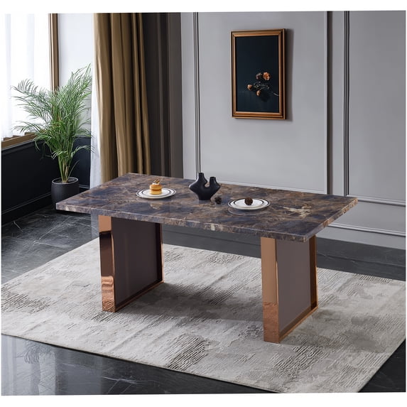 Rocky Stone Effect Dining Table for 8, Rectangular Modern Faux Marble ...